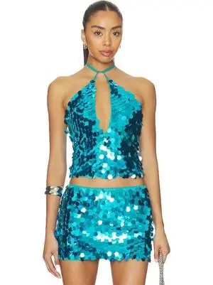Superdown Sequin Halter Top - Teal