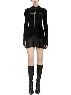 DAISY Velvet Pleated-skirt Mini Dress With High Neck And Long Sleeves - Black