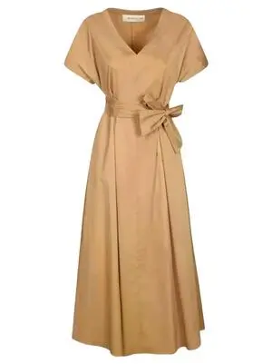 BLANCA VITA Belted V-neck Midi Dress - Brown