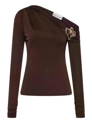 Rebecca Vallance One-shoulder Draped Top With Embellished Brooch - Brown
