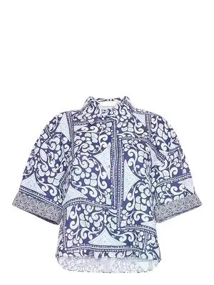 Cara Cara Tile-print Linen Top - Blue