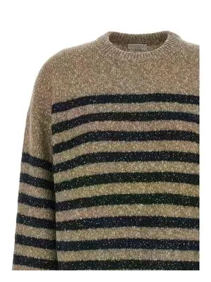 Brunello Cucinelli Sequin Embellished Striped Crew Neck Sweater - Neutrals