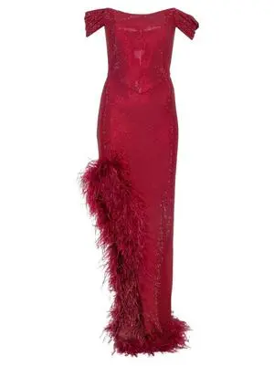 MIRON Crystal-embellished Feather-trim Maxi Dress - Red