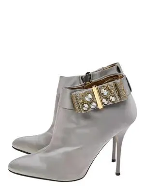 Roberto Cavalli Satin Embellished Bow Ankle Boots - Grey