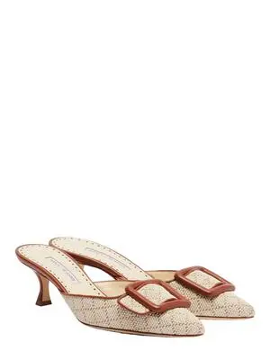 Manolo Blahnik Maysale Leather-trimmed Mules - Beige