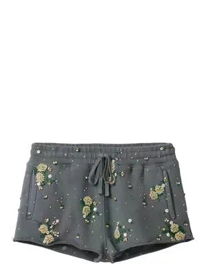 Miu Miu Floral Embroidered Cotton Jersey Shorts - Grey