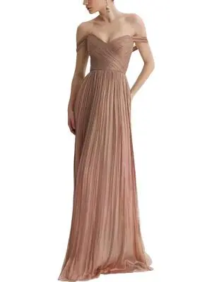 FRAMBOISE Vaasa Off-shoulder Pleated Maxi Dress - Brown