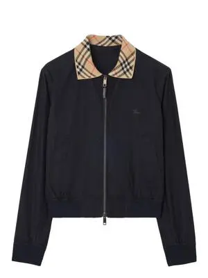 Burberry Gabardine Glenfields Harrington Jacket With Check Collar - Navy
