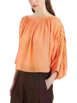 Antik Batik Ruched Sleeve Boatneck Top - Orange