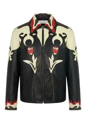 MARINE SERRE Leather Floral Patch Jacket - Black