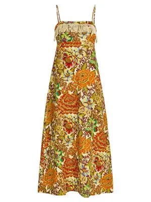 ALEMAIS Alémais Floral Print Fringed Linen Midi Dress - Multicoloured