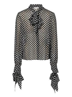 FRAME Polka Dot Silk Blouse With Neck Tie - Black Multi