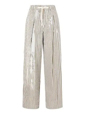 TWP Sequin-trimmed Striped Cotton-blend Wide-leg Drawstring Pants - Multi