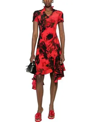 Alexander McQueen Floral Print Asymmetric Hem Dress - Red