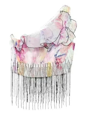 Aje One-shoulder Floral Print Blouse With Ruffle And Fringe Detail - Pink