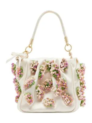 SELF-PORTRAIT Beaded Floral Satin Tote Bag - White