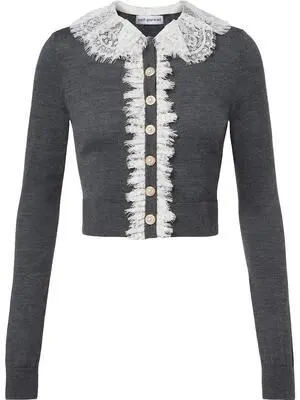 SELF-PORTRAIT Lace-trimmed Wool Cardigan - Grey