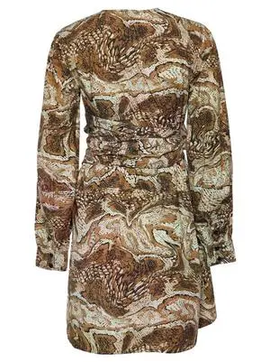 GANNI Abstract-print Long Sleeve Wrap Dress - Brown