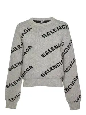 Balenciaga All-over Logo Knit Sweater - Grey