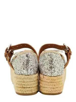 Miu Miu Glitter Platform Espadrille Ballet Flats With Double Buckle Detail - Silver