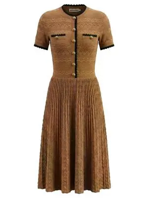 SELF-PORTRAIT Pointelle Knit Scalloped Trim Midi Dress - Brown