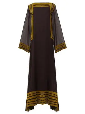 LEEM Velvet-panel Long-sleeve Woven Maxi Dress - Brown