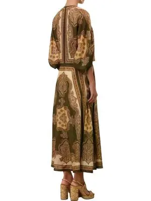 Zimmermann Mahon Paisley-print Tie-neck Midi Dress - Brown
