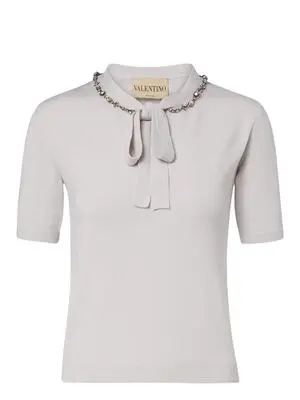 Valentino Garavani Embellished Tie-neck Virgin Wool Sweater - Grey