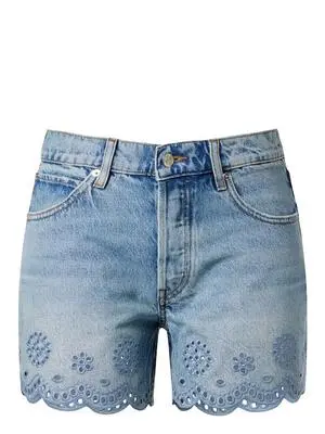 FRAME Long Denim Shorts With Broderie Anglaise Hem - Blue