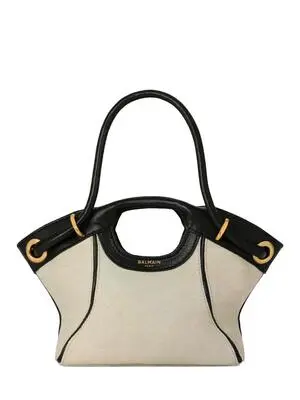 Balmain Small Tote In Smooth Leather And Canvas - Neutrals