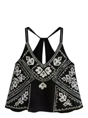 PAHIESA FORMENTERA Embellished Embroidered V-neck Sleeveless Top - Black