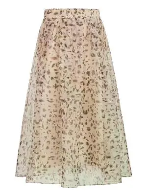 Brunello Cucinelli Brunello Cucinelli Lynx Print Silk Organza Pleated Midi Skirt Neutrals