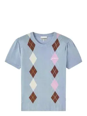 GANNI Argyle Pattern Puff Sleeve T-shirt - Blue