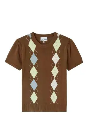 GANNI Argyle Pattern Puff Sleeve T-shirt - Brown