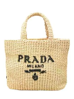 Prada Raffia Effect Crochet Embroidered Logo Tote Bag - Neutrals