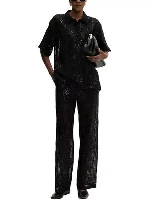 ISABELLE BLANCHE Sequin-embellished Floral-lace Polo Shirt - Black