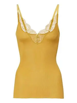 Saint Laurent Lace-trimmed Ribbed-knit Silk Top - Yellow