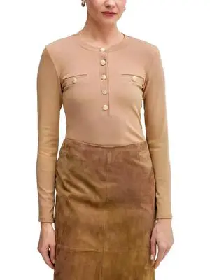 MARC AUREL Crew Neck Long Sleeve Top With Button Detail - Neutrals