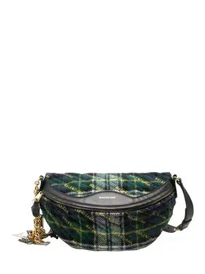 Balenciaga Diagonal Quilted Wool Allover Logo Souvenir Xs Belt Bag - Green