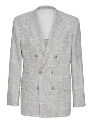 Brunello Cucinelli Linen Prince Of Wales One-and-a-half Breasted Deconstructed Blazer With Metal Buttons - Grey
