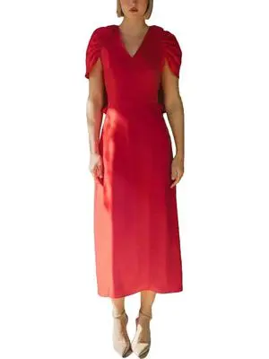 Cherubina Midi Dress With Ruched Sleeves - Red