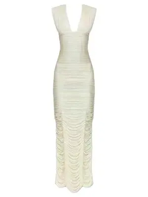 Versace Ruched V-neck Sleeveless Maxi Dress - Neutrals