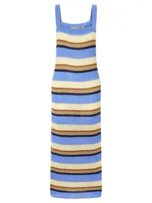 Guest In Residence Palazzo Striped Ribbed Silk And Linen-blend Midi Dress - Blue