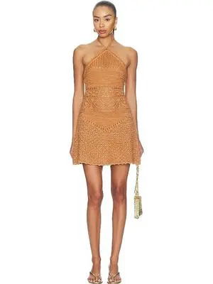 Retrofete Halterneck Crochet Dress With Metallic Threading - Rust