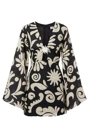 CALA DE LA CRUZ Vera Printed Linen Mini Dress - Black