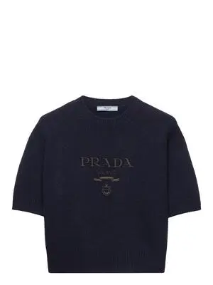 Prada Prada Wool-Cashmere Crew Neck Sweater With Embroidered Logo Blue