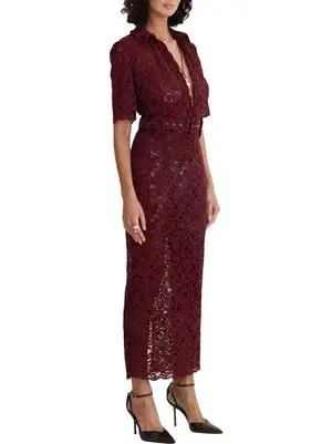 MOOS STUDIO Belted Lace Midi Dress - Red