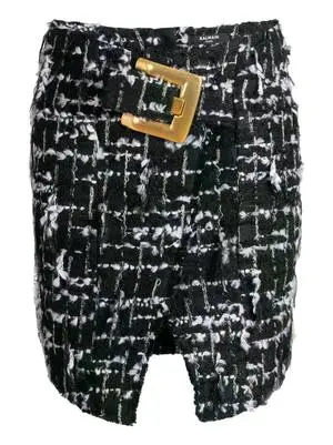 Balmain Belted Fringed Tweed Mini Skirt - Black