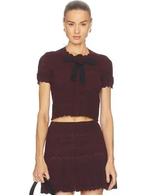 SELF-PORTRAIT Self-Portrait Pointelle Knit Cropped Top With Detachable Bow