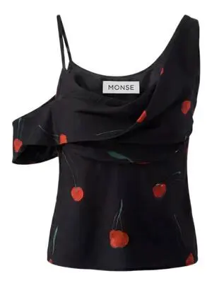 Monse Cherry Print Draped Top - Black